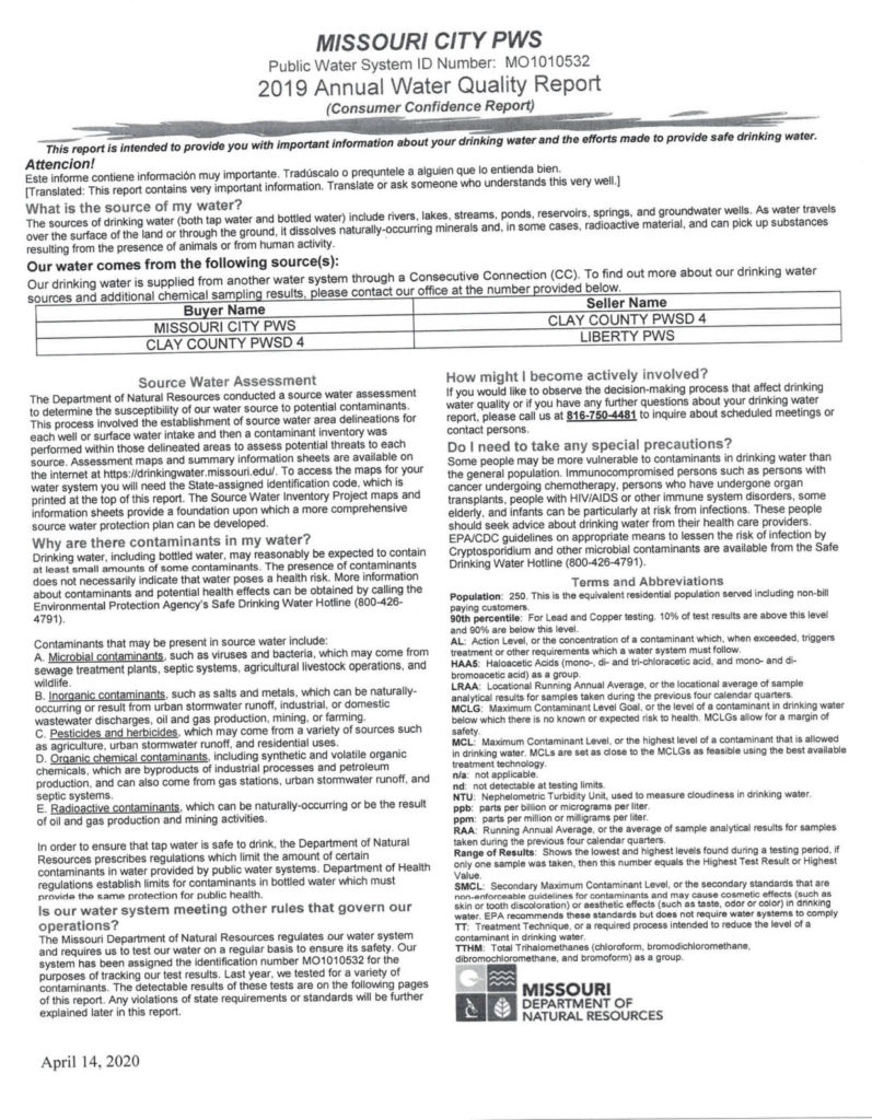 2019 Annual Water Quality Report – Missouri City, Mo.